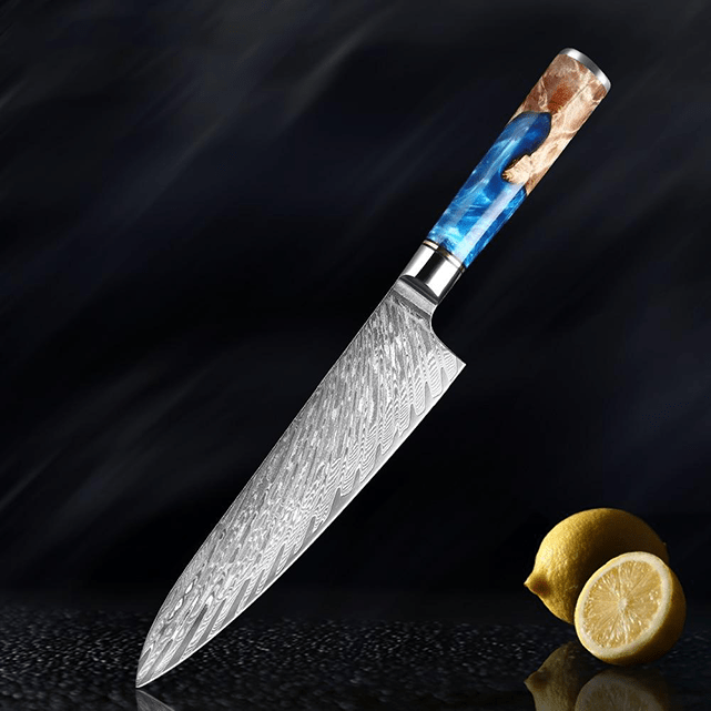 Gyuto (ぎゅうとう) Japanese Damascus Steel Knife with Coloured Blue Handle ...